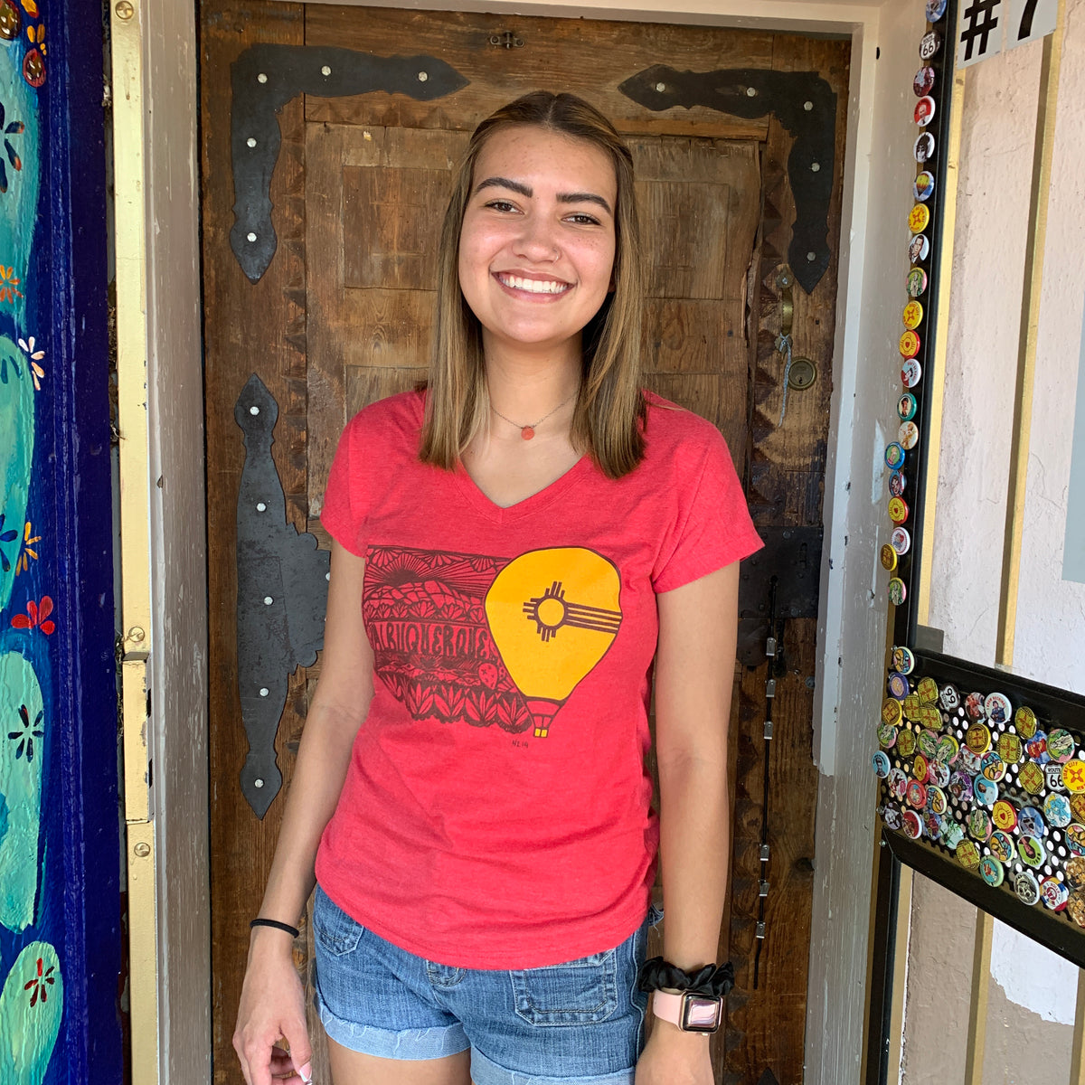 Albuquerque Balloon Red Ladies V Neck Tshirt nikkizabicki design ...